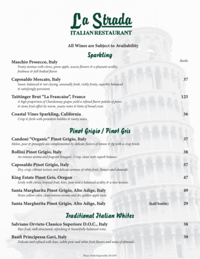 Menu | La Strada Italian Restaurant